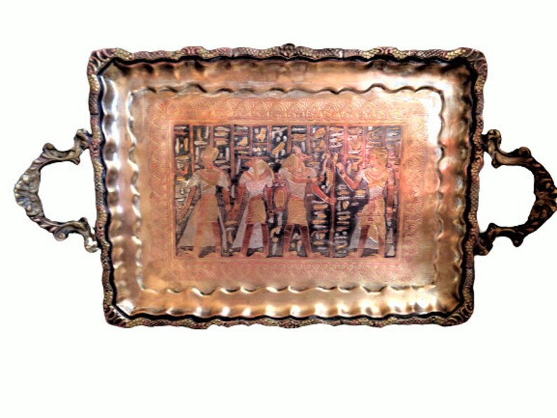 Large Egyptian Tray, Etched Brass Copper Inlay Rectangle Serving Tray ...