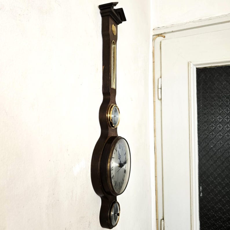 Vintage Barometer Thermometer Hygrometer Clock Large Wooden Weather ...