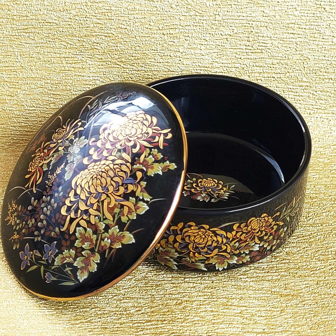 Vintage Kiku Imperial Porcelain Jewelry Trinket Box Black Gold ...