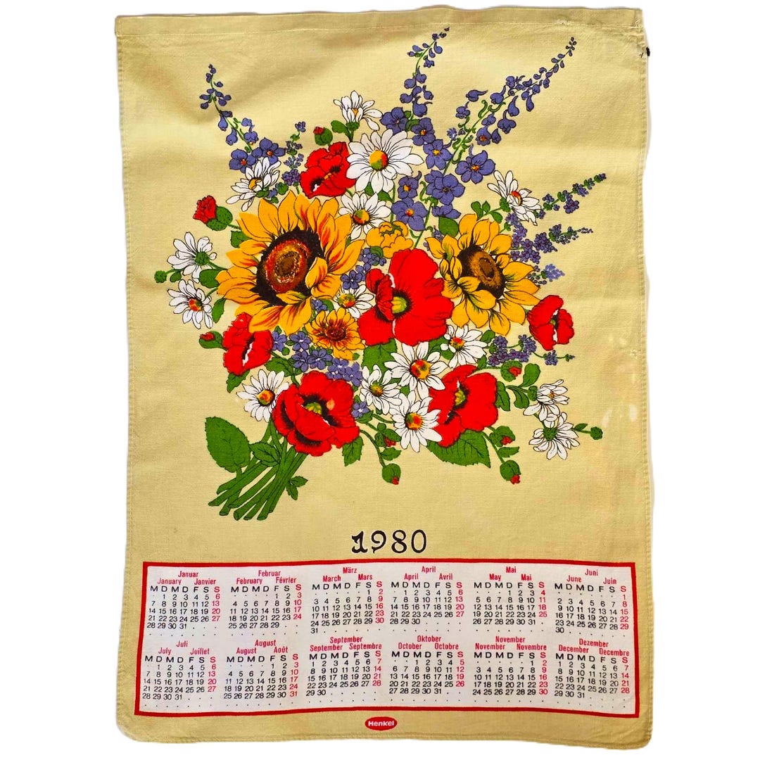 Vintage 1980 Authentic Calendar Kitchen Tea Towel Field Flower Printed ...