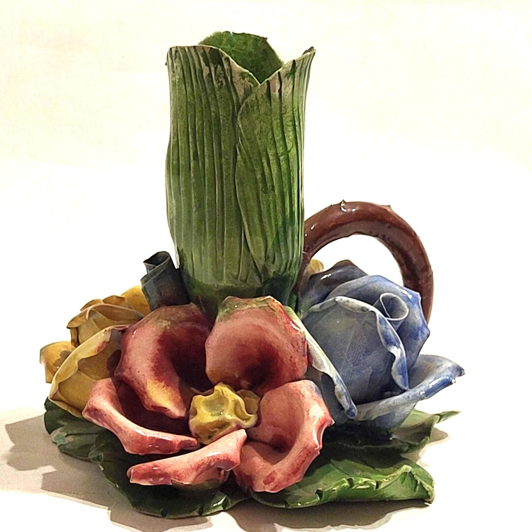 Capodimonte Porcelain Candlestick Holder With Handle Vintage Floral ...