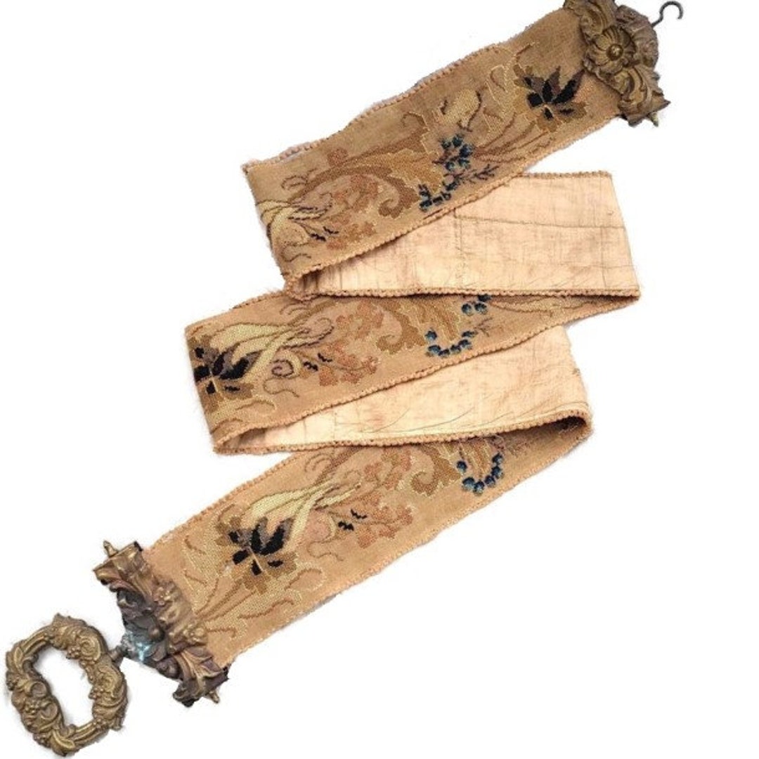 Antique Needlepoint Bell Pull 74'' Brass Frame Petit Point Embroidery ...