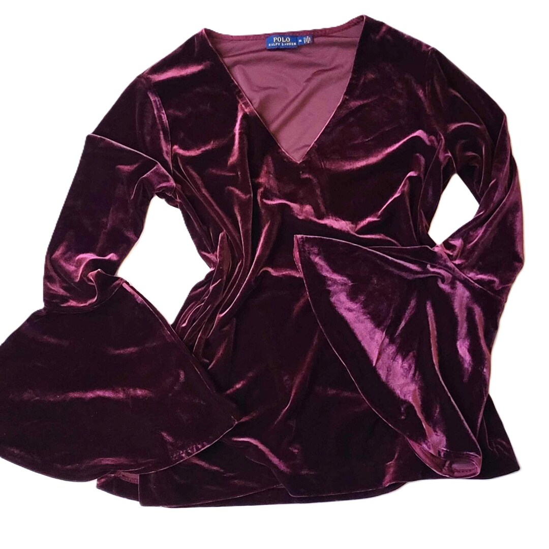 Vintage Ralph Lauren Deep Burgundy Red Velvet Blouse V Neck Long Flared ...