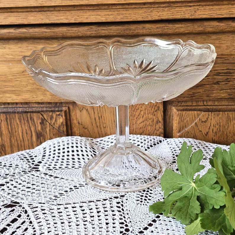 Vintage 1930s Pressed Glass Pedestal Compote Bowl Raised Decorative ...