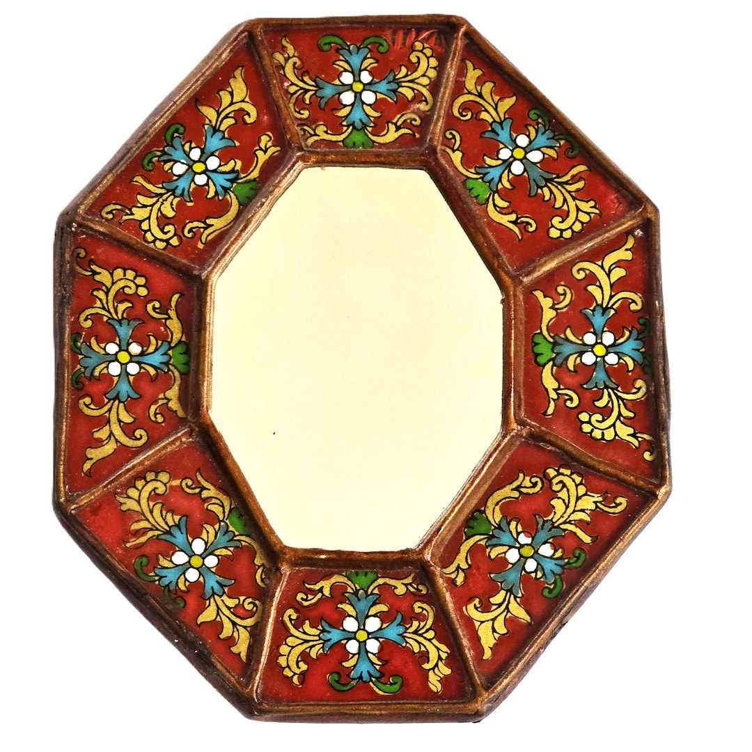 Peruvian Wall Mirror With Octagonal Wood Frame Reverse Glass Floral ...