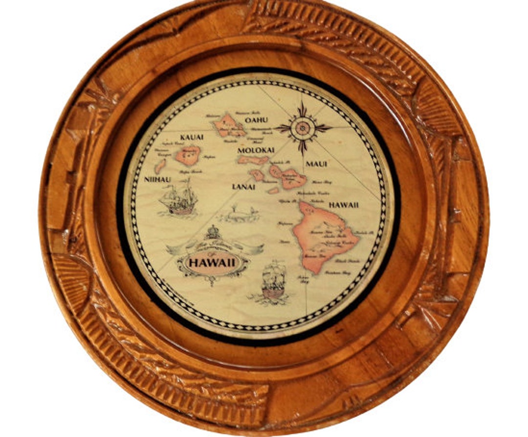 Hawaiian Souvenir Plate, Hawaii Map, Wooden Wall Hanging, Vintage ...