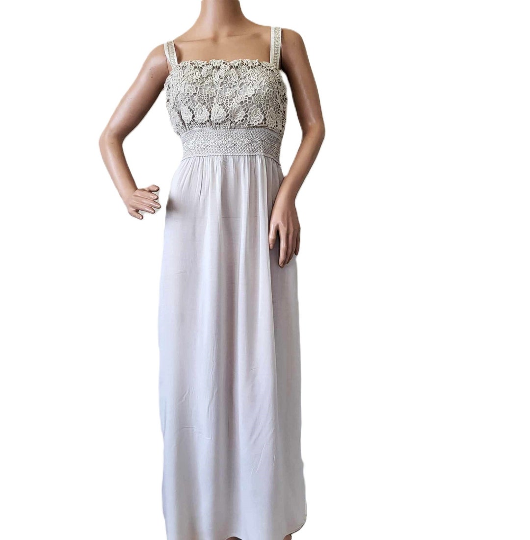 Off White Maxi Women Dress Crochet Lace Bust Panel, Milk Beige ...