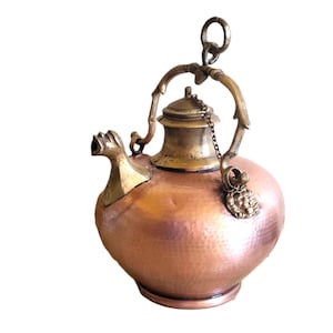 Antique Copper Kettle Lion Head Handle Brass Mythical Animal Spout Ring ...