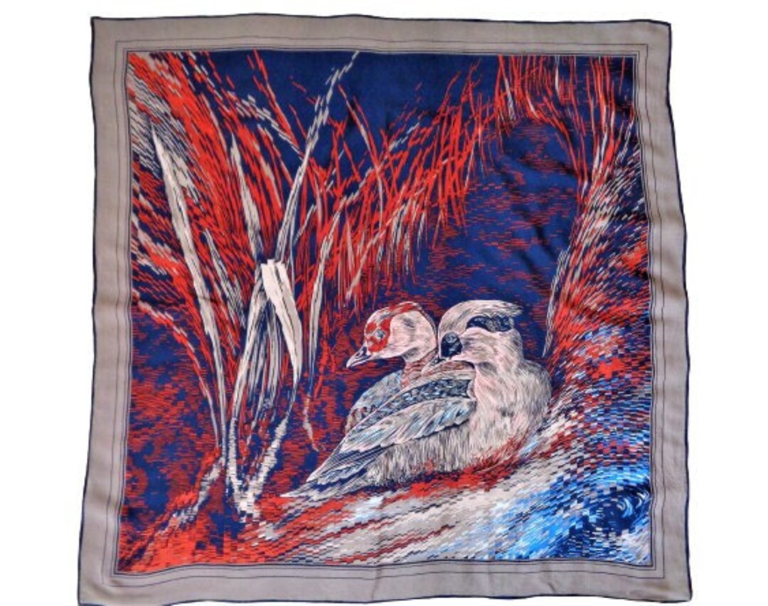 Large Square Silk Scarf With Duck Print, Vintage Bird Scarf, Gray Blue ...