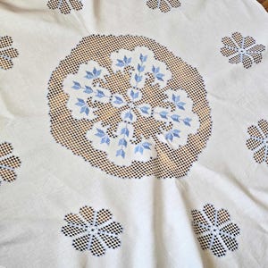 Vintage Embroidered Round Tablecloth White Linen With Blue Hand ...