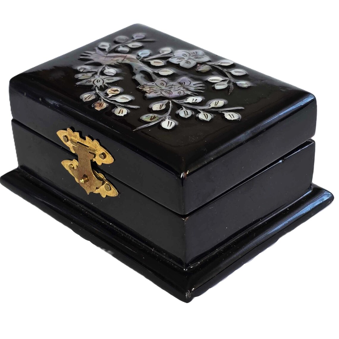 Vintage Black Lacquer Jewelry Trinket Box Mother of Pearl Shell Inlay ...