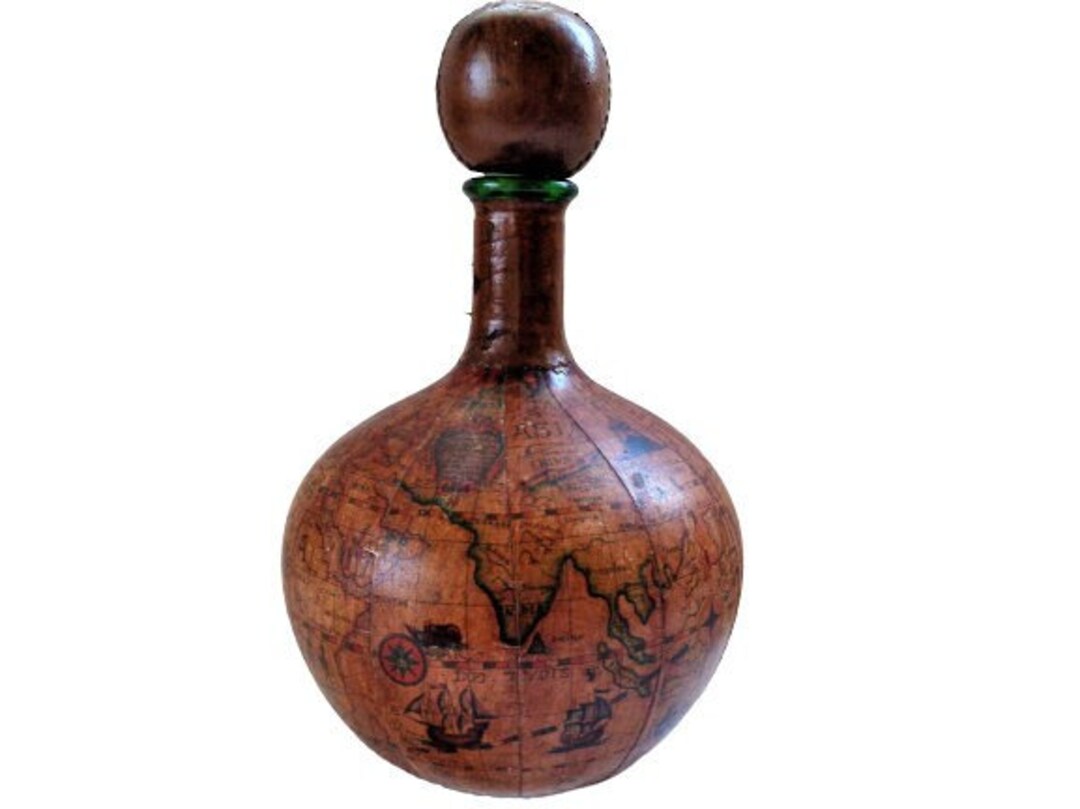 Leather Wrapped Bottle With World Map, Leather Flask, World Globe Map ...