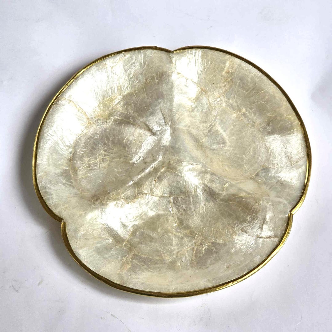 Vintage Capiz Shell Plate, Brass Trim, Seafood Serving Dish, Divided ...