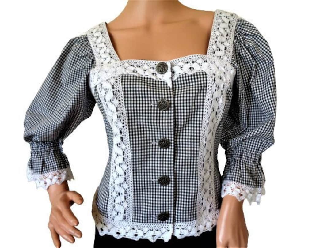 Crochet Lace Dirndl Blouse, Black White Checkered Trachten Top, Puff ...