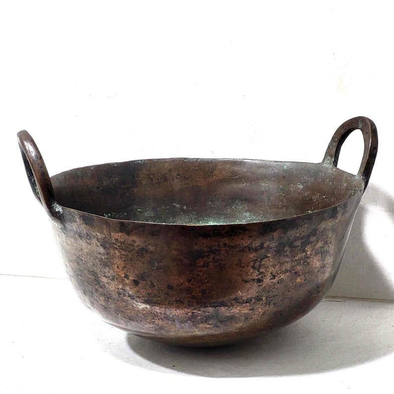 Antique Heavy Copper Pot Round Bottom Bowl With Handle Traditional ...