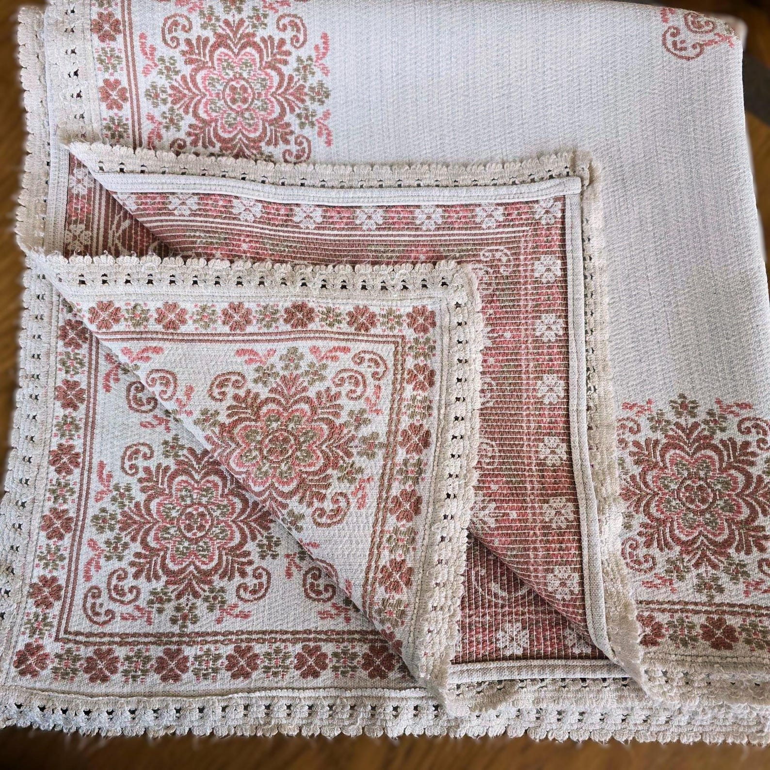 Vintage Austrian Folk Tablecloth Beige Pink Floral Design Linen Cotton ...