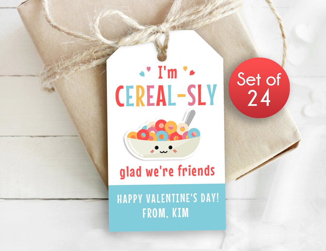 Set of 24 / Cereal Valentine Tags / Personalized Tags / Valentines Day ...