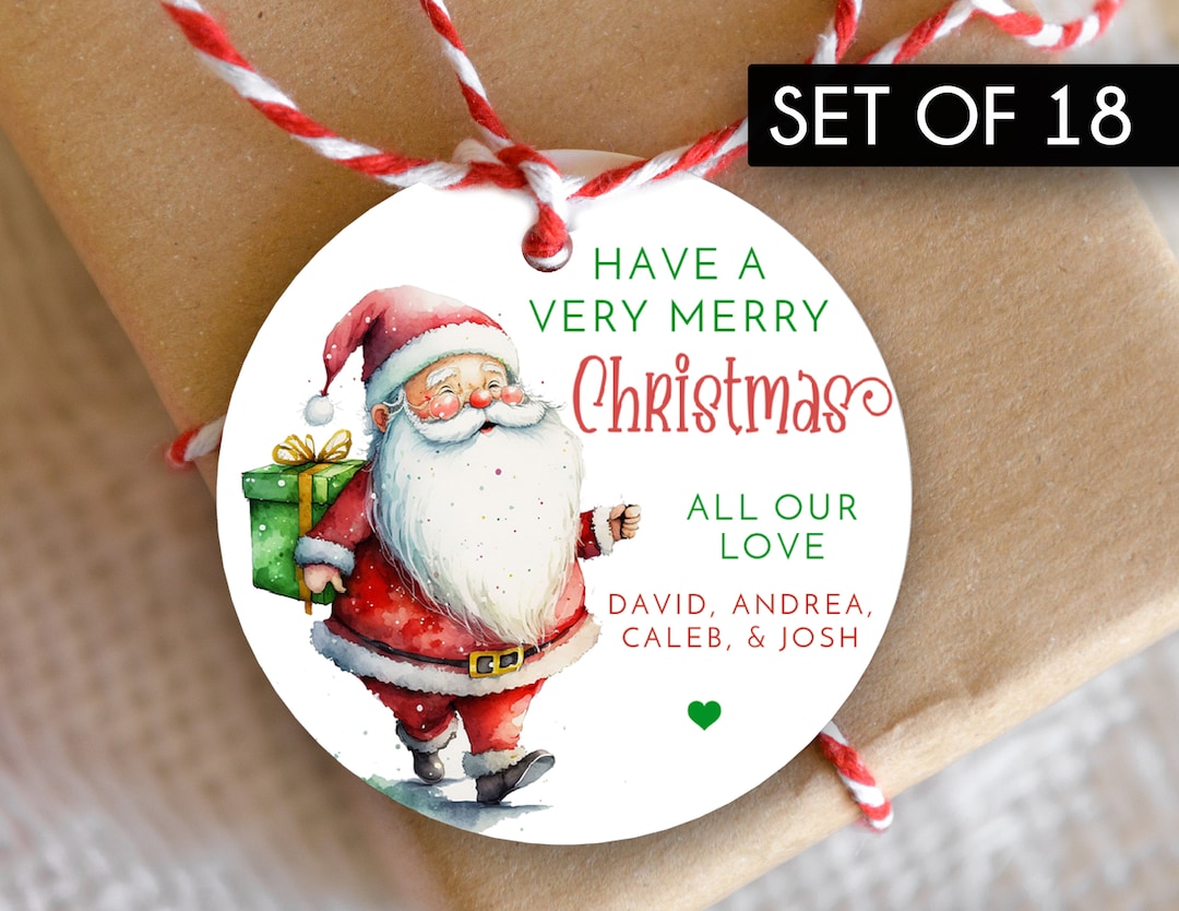 Set of 18 / Custom Round Christmas Gift Tags / Watercolor Santa Scene ...