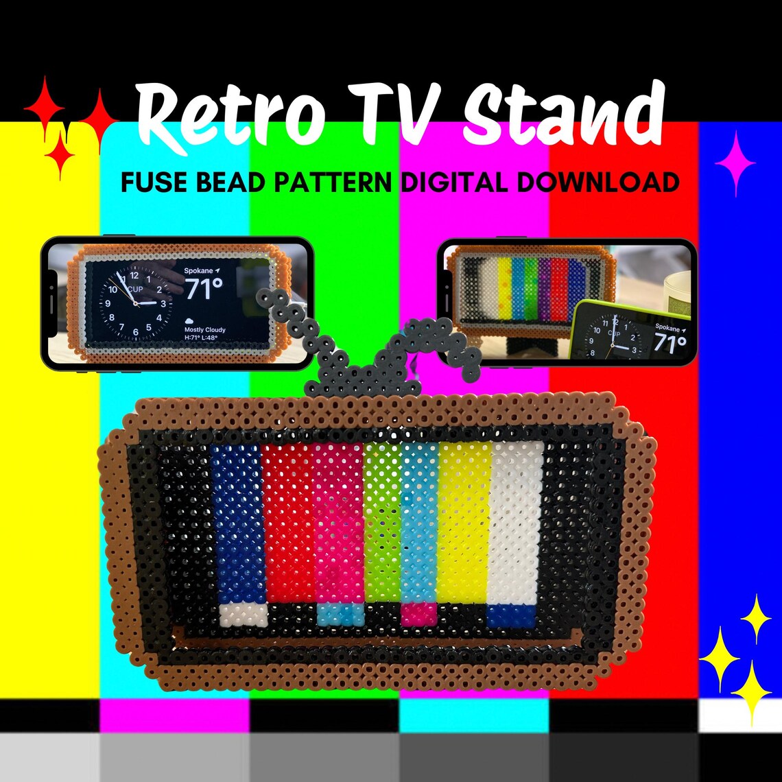 Fuse Bead Retro TV Phone Stand Pattern: DIY Perler Melty Bead Design ...