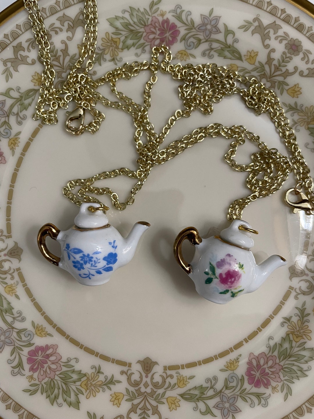 Blue Floral Teapot Necklace, Cottagecore, Whimsical Teapot Necklace ...