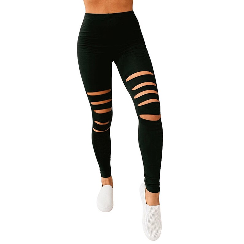 Womens Ripped Yoga Pants High Waist Cutout Workout Running Leggings ...
