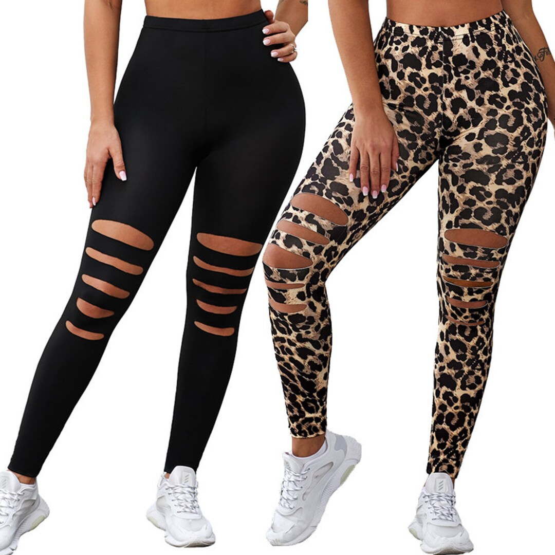 Womens Ripped Yoga Pants High Waist Cutout Workout Running Leggings ...