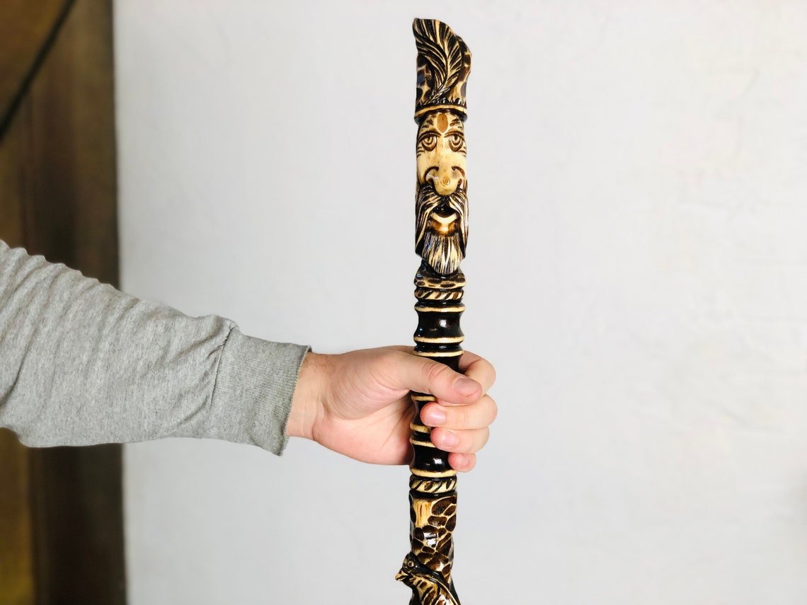 Wooden Hiking Staff Wizard Staff Handmade Mage Staff Carved | Etsy
