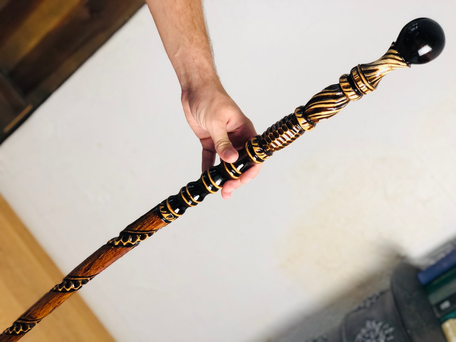 Hand Carved Hiking Staff Wizard Staff Mage Staff Wooden - Etsy