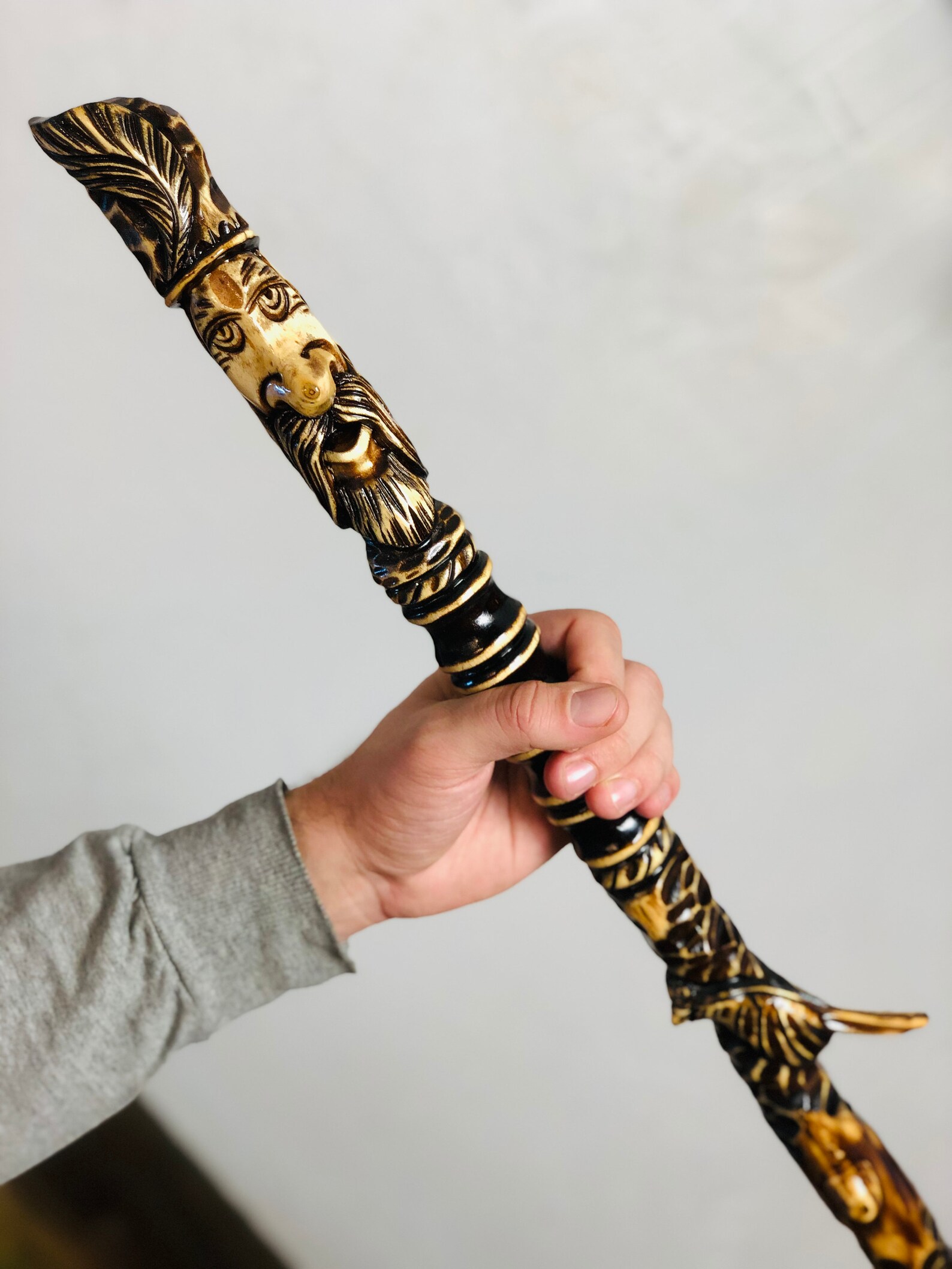 Wooden Hiking Staff Wizard Staff Handmade Mage Staff Carved - Etsy