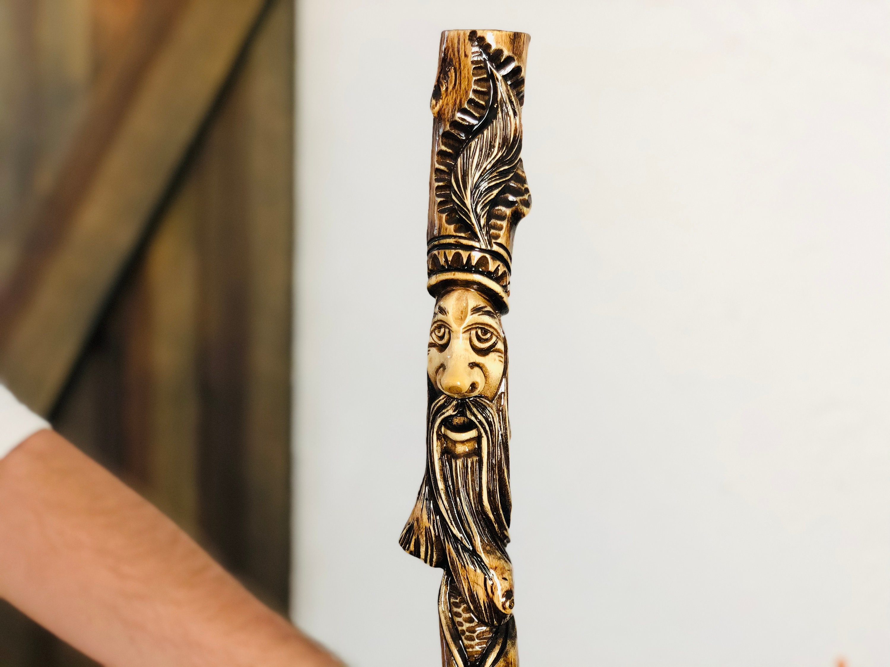 Hand carved hiking staff Wizard staff Mage staff Wooden | Etsy