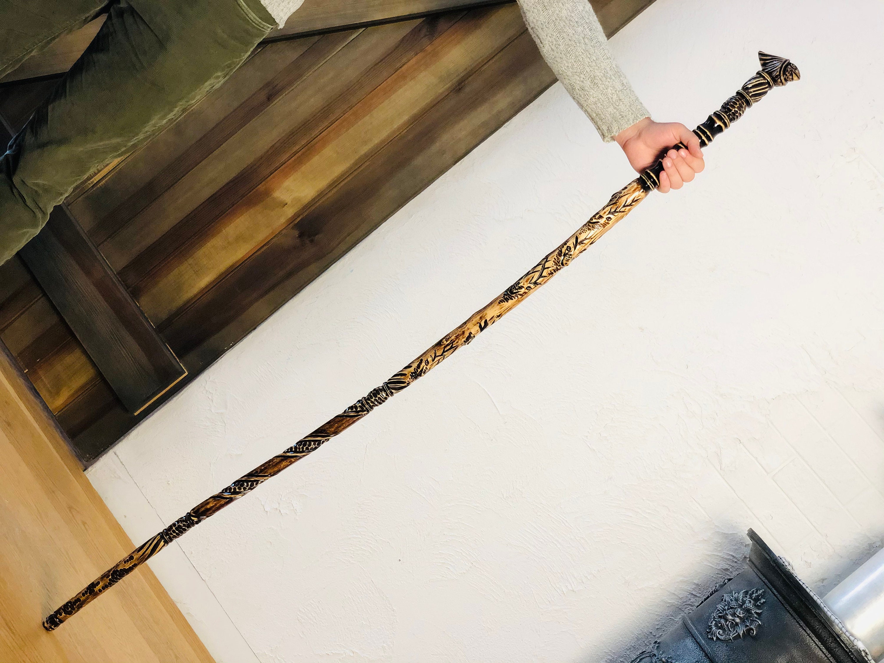 Wooden wizard staff Hiking staff Hand carved walking stick | Etsy