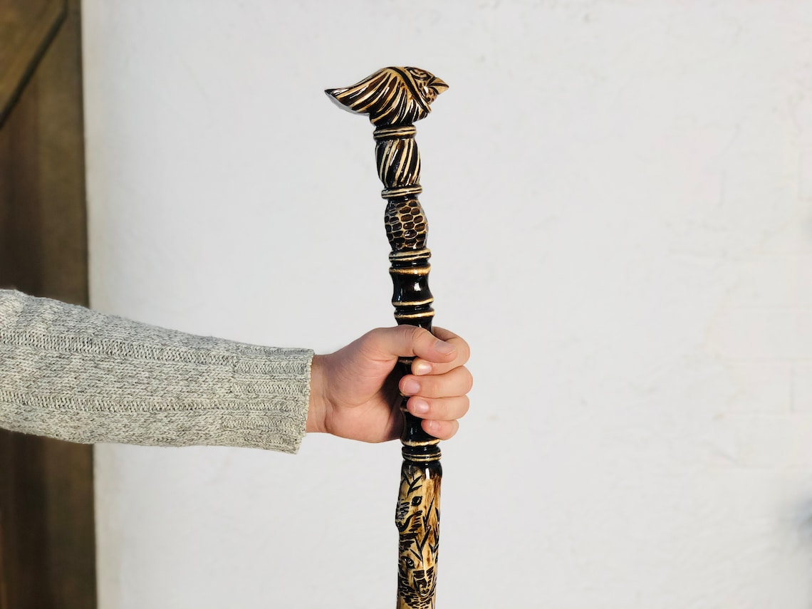 Wooden wizard staff Hiking staff Hand carved walking stick | Etsy