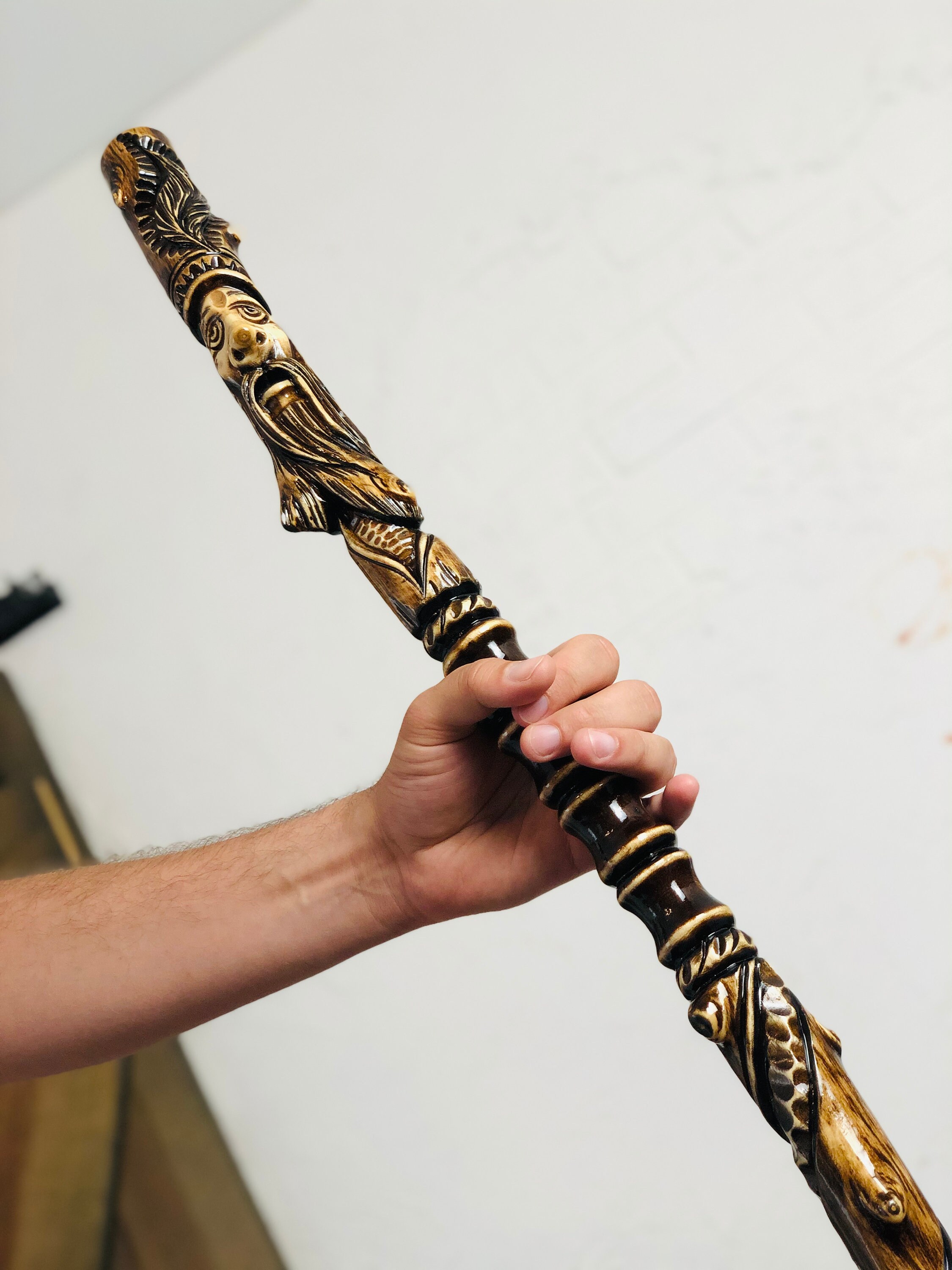 Hand carved hiking staff Wizard staff Mage staff Wooden | Etsy
