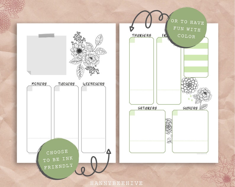 Weekly Undated Planner Printable Design A Cactus-floral Theme Bullet ...