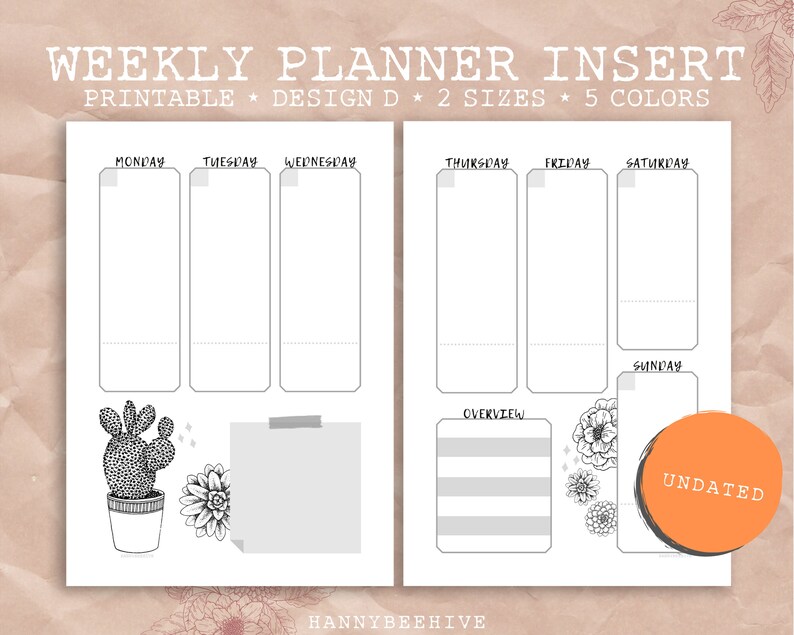 Weekly Undated Planner Printable Design D Cactus-floral Theme Bullet ...