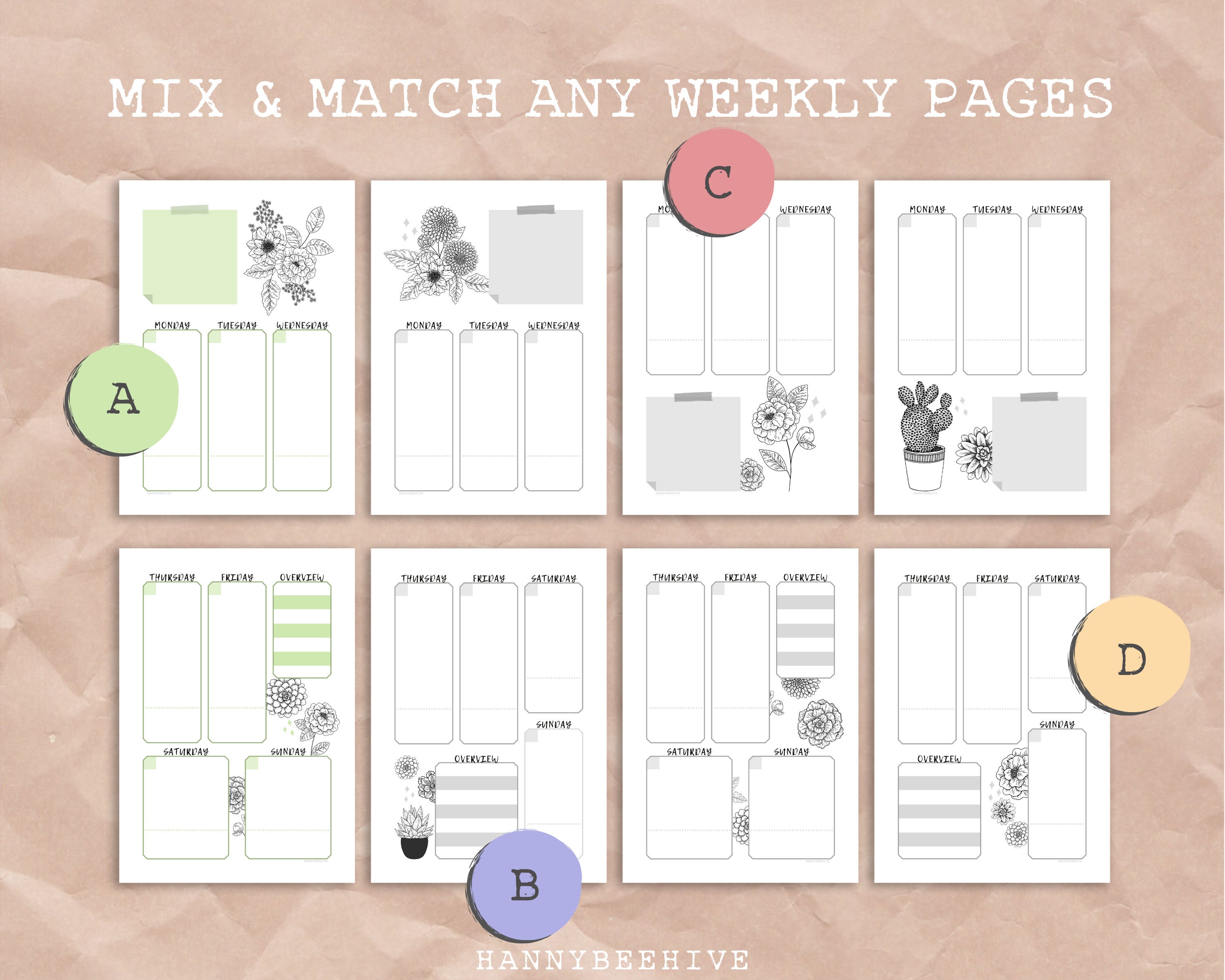 Weekly Undated Planner Printable Design A Cactus-floral Theme Bullet ...