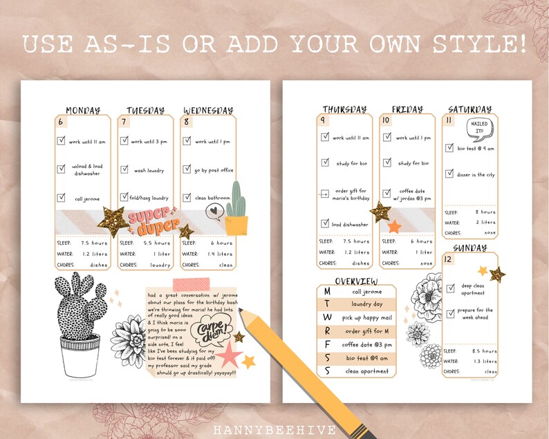 Weekly Undated Planner Printable Design D Cactus-floral Theme Bullet ...