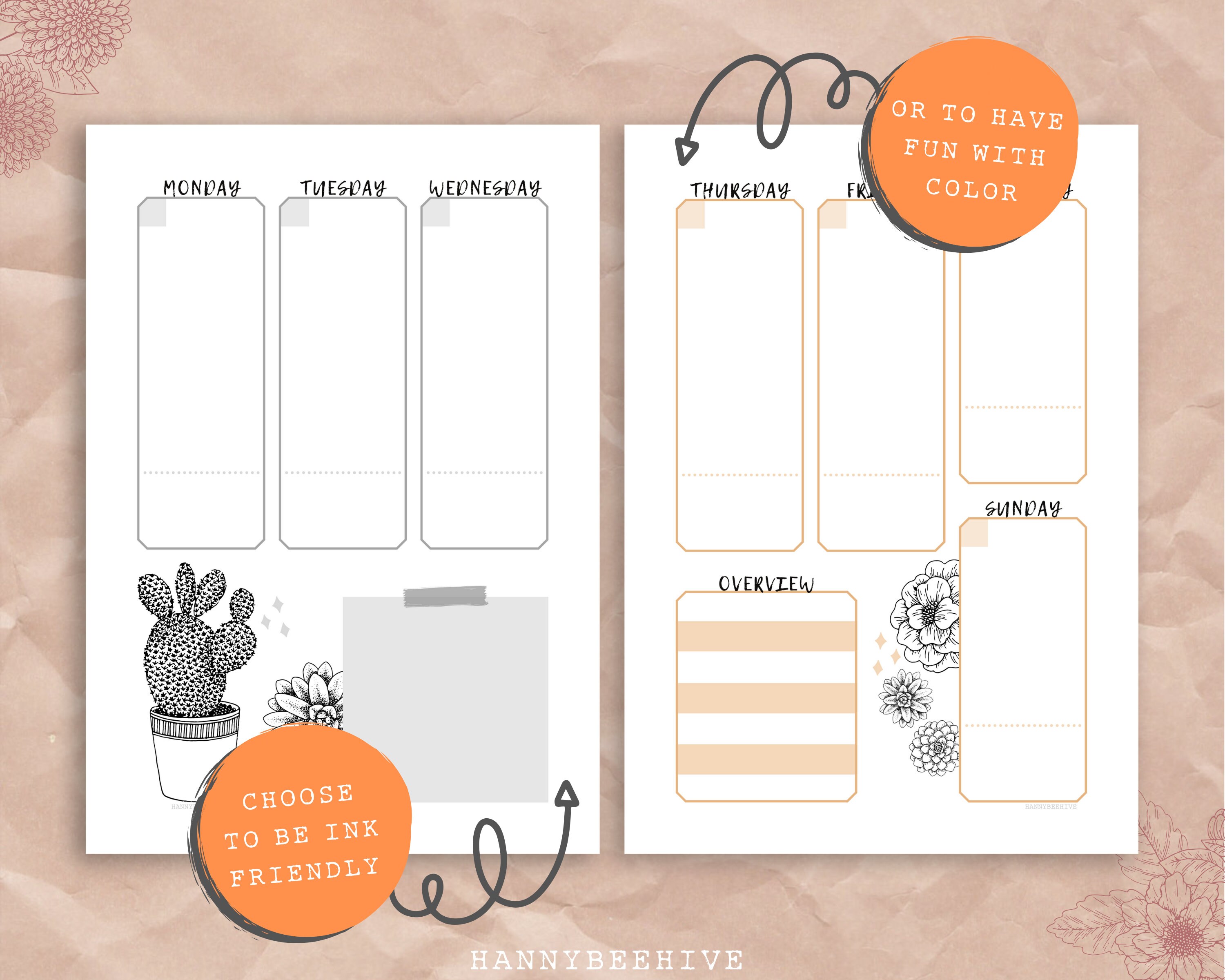 Weekly Undated Planner Printable Design D Cactus-floral Theme Bullet ...