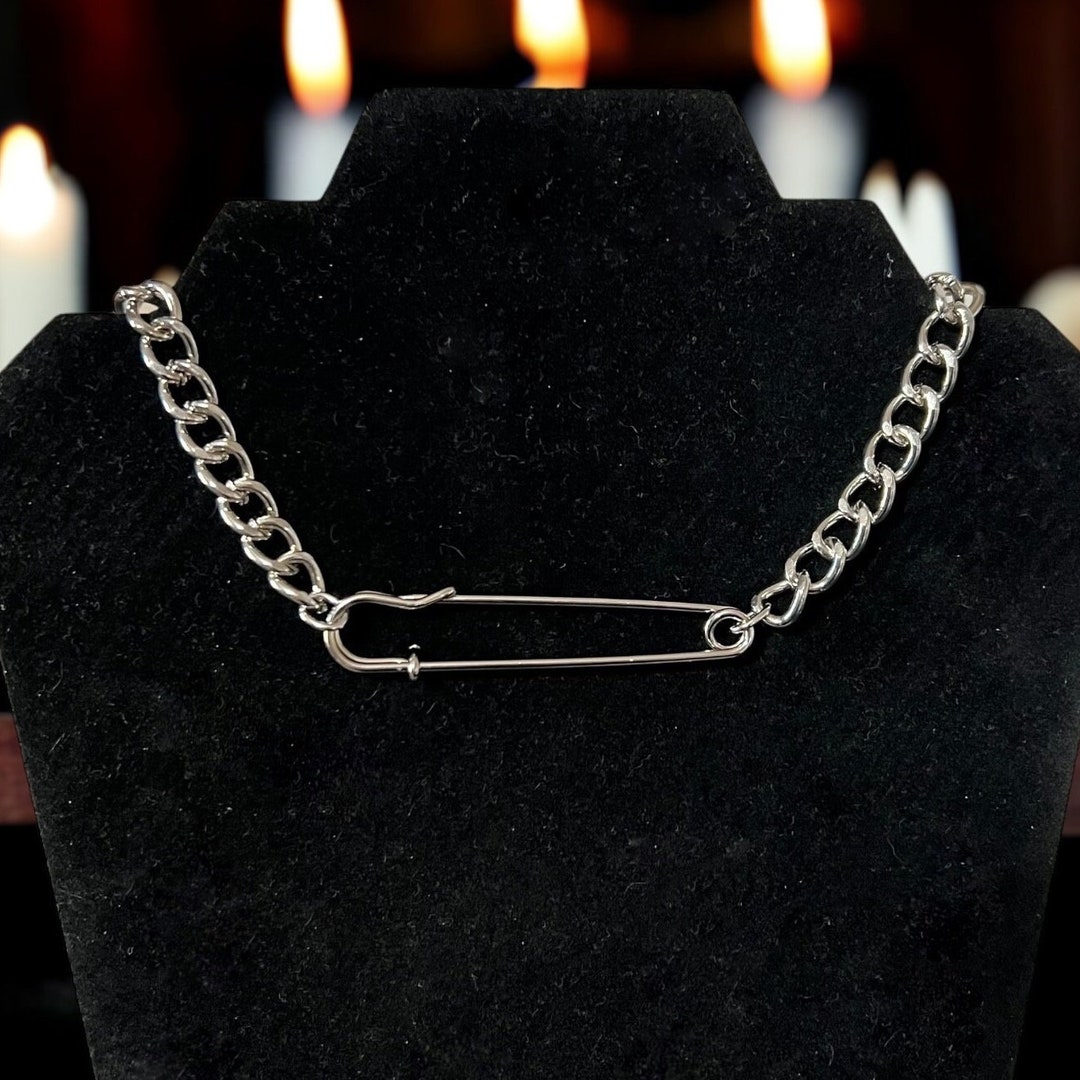 Large Safety Pin Chain Choker Necklace, Chunky Curb Chain, Punk Goth ...