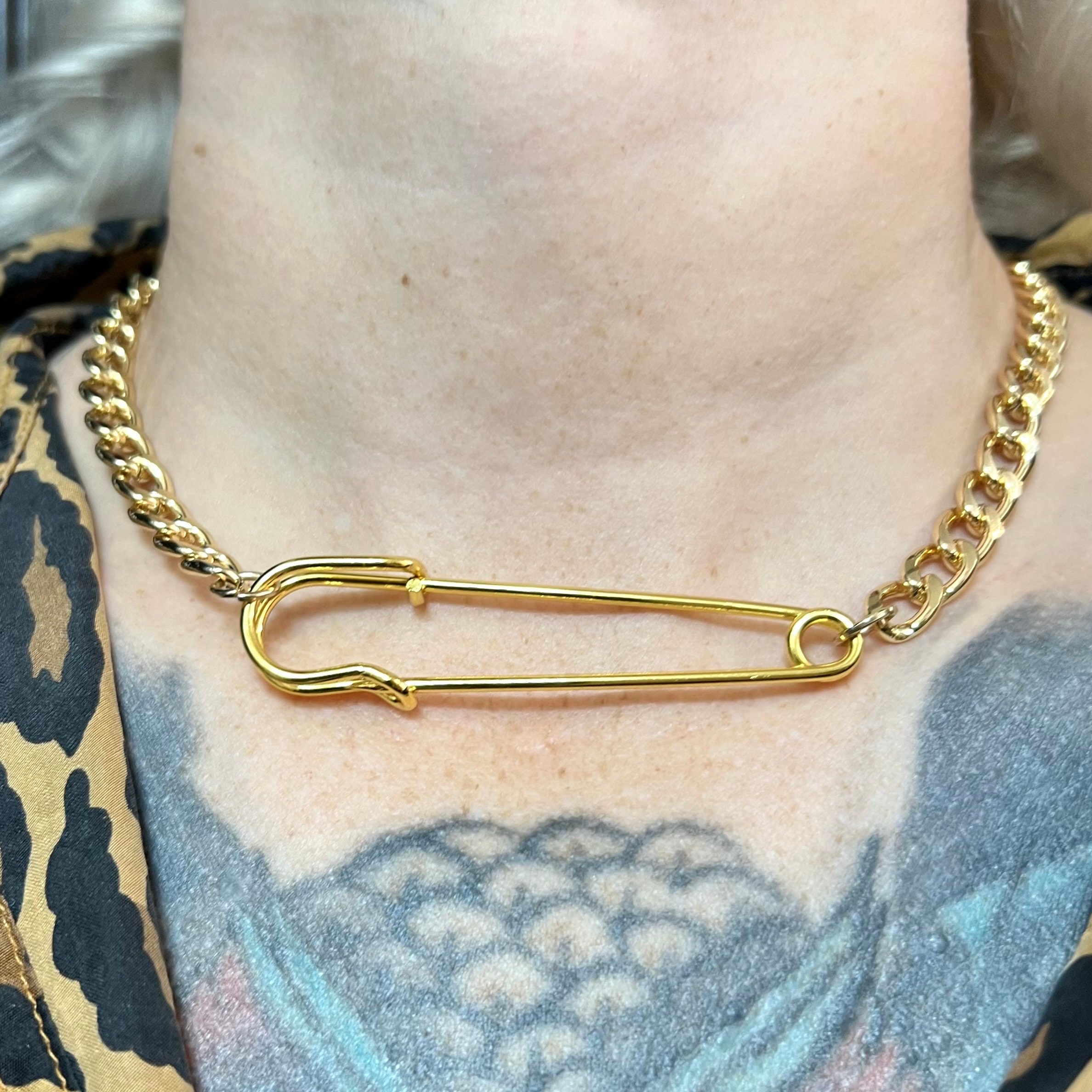 Large Gold Safety Pin Chain Choker, Chunky Curb Chain, Punk Goth 90s ...