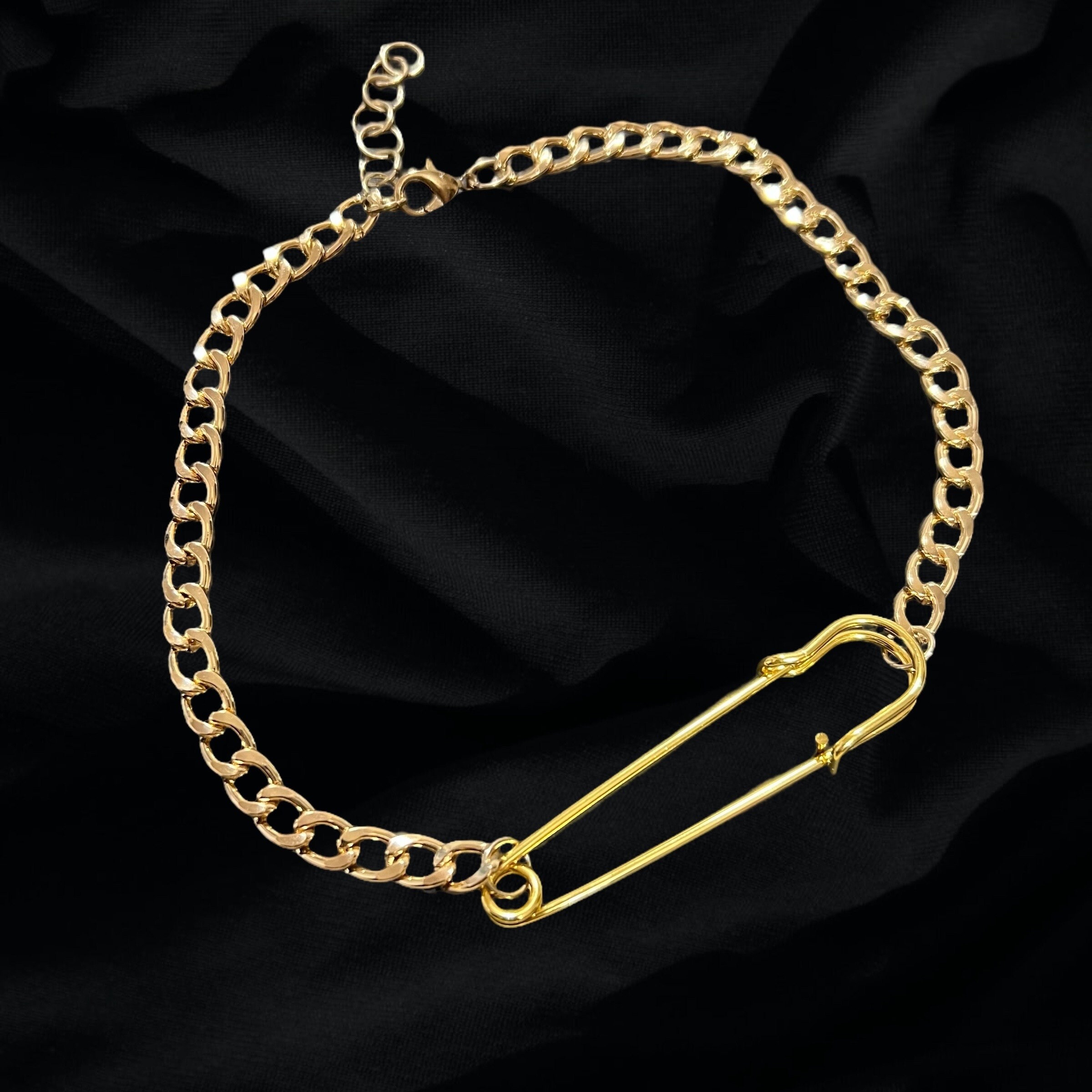 Large Gold Safety Pin Chain Choker, Chunky Curb Chain, Punk Goth 90s ...