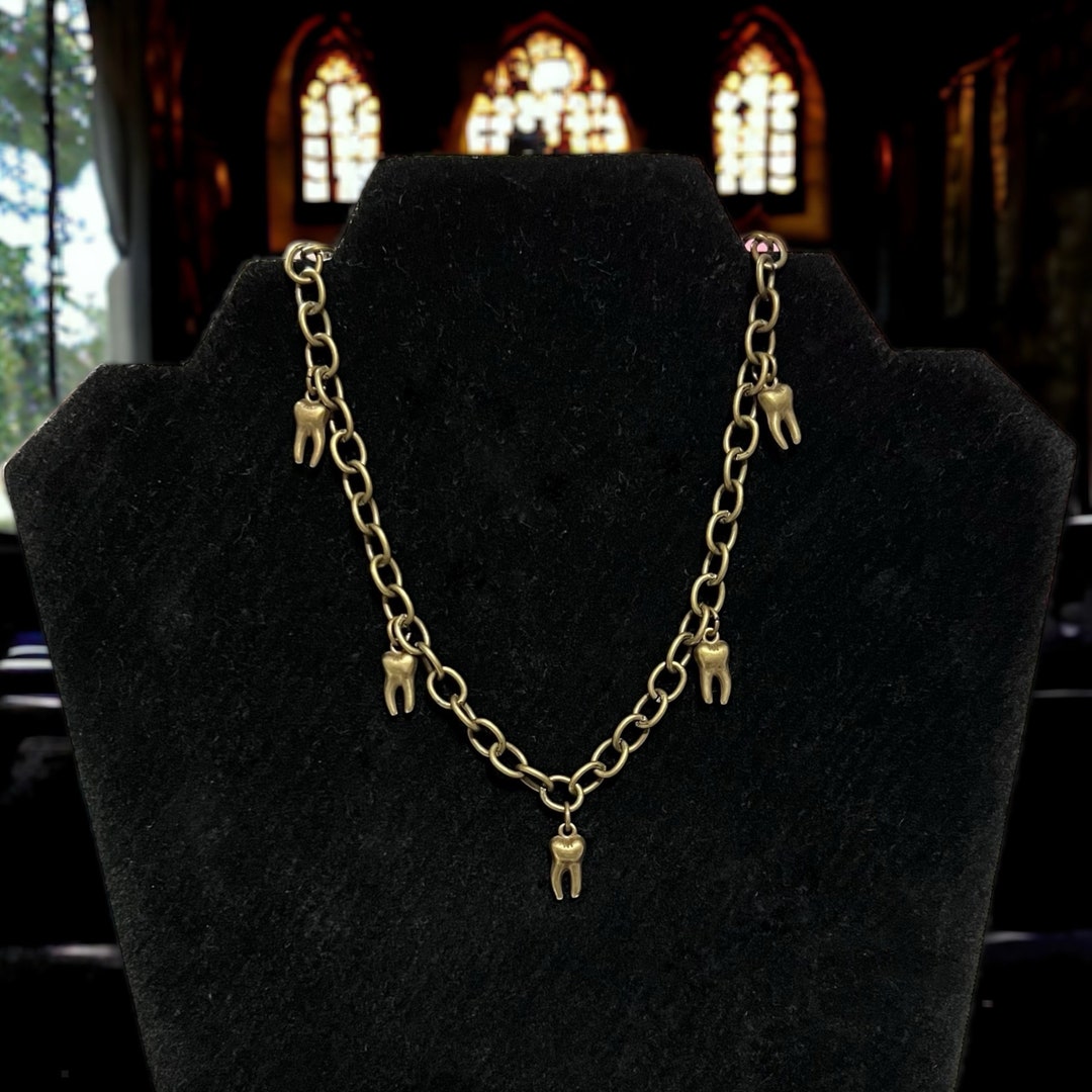 Antique Gold Tooth Charm Necklace Choker, Teeth Necklace, Goth Punk ...