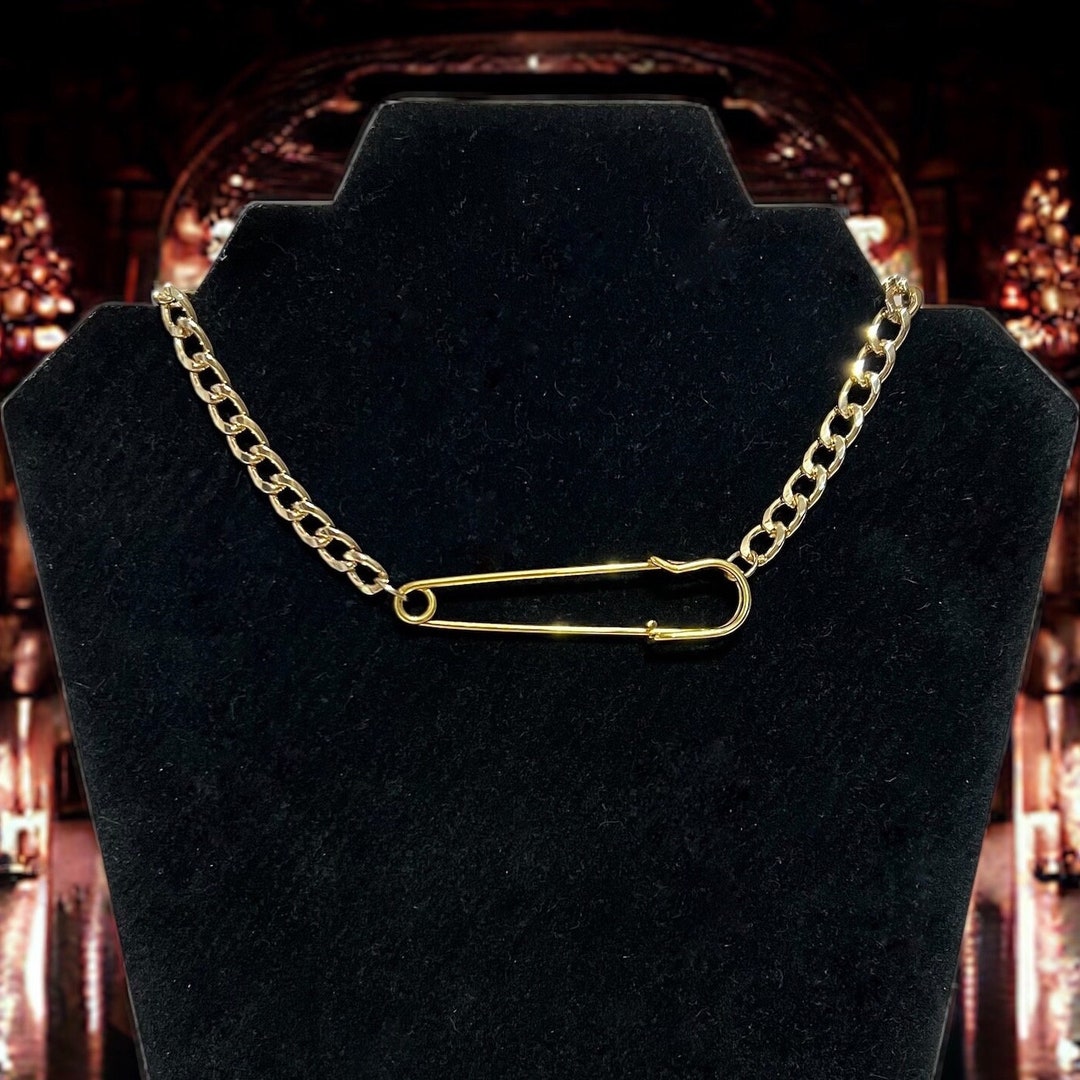 Large Gold Safety Pin Chain Choker, Chunky Curb Chain, Punk Goth 90s ...