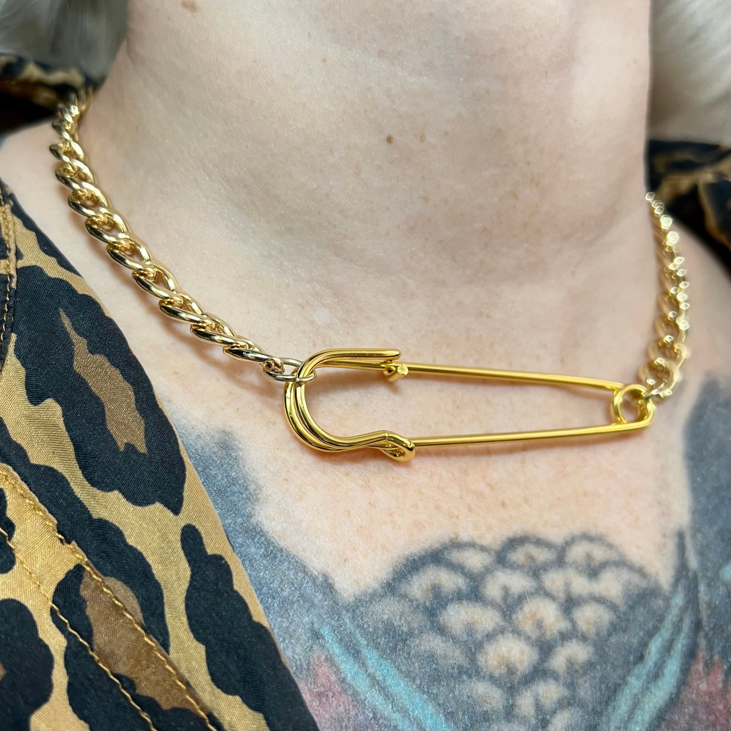 Large Gold Safety Pin Chain Choker, Chunky Curb Chain, Punk Goth 90s ...