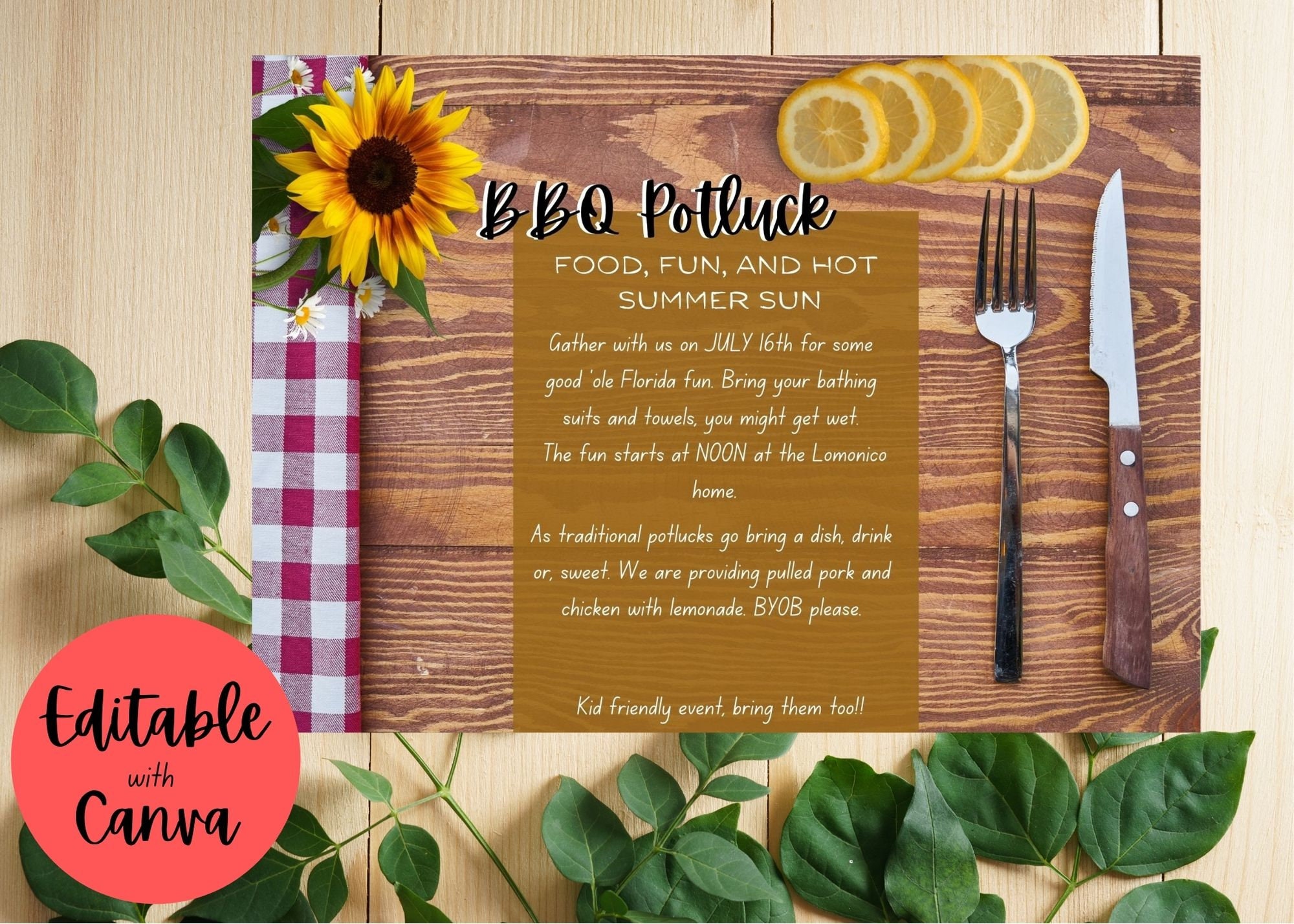 Summer BBQ Potluck Invitation Templet ~ Sunflower and Lemon Potluck ...