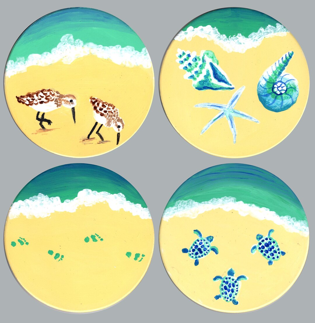 Beach-themed Hand-painted Ceramic Coasters, Set of 4 - Etsy