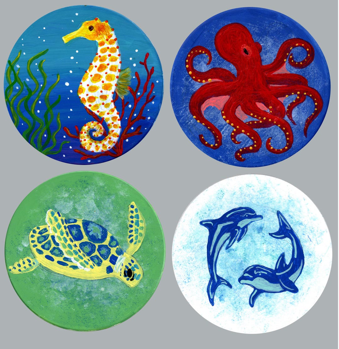 Marine Themed Hand Painted Ceramic Coasters-set of 4 - Etsy