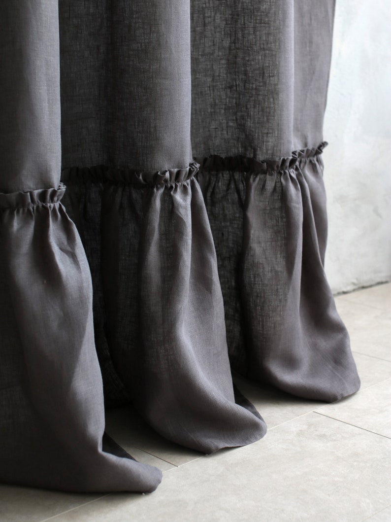 Grey Linen Curtain Farmhouse Curtains Linen Ruffled Curtain Etsy