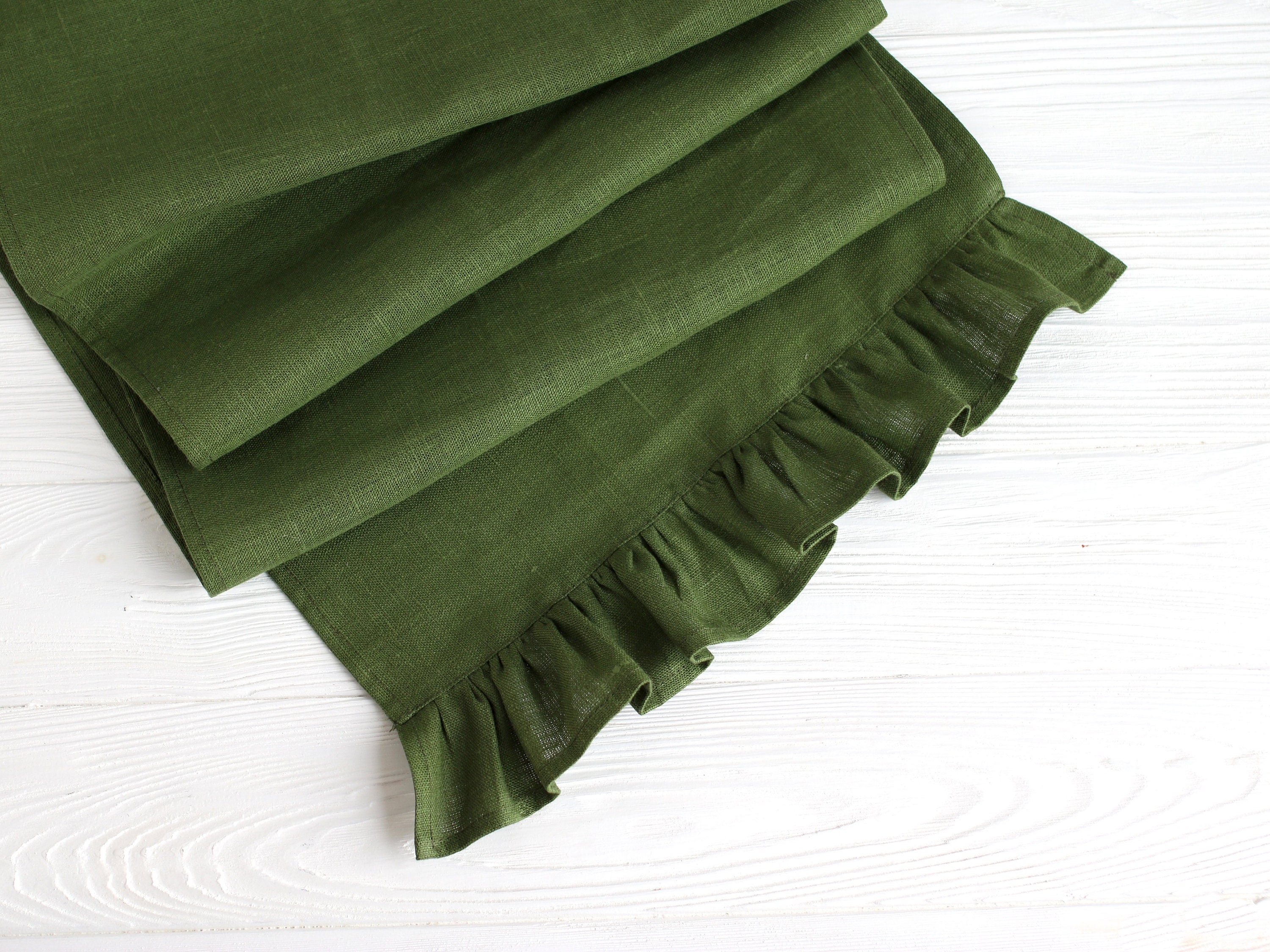 Green linen table runner green ruffled table runner linen | Etsy