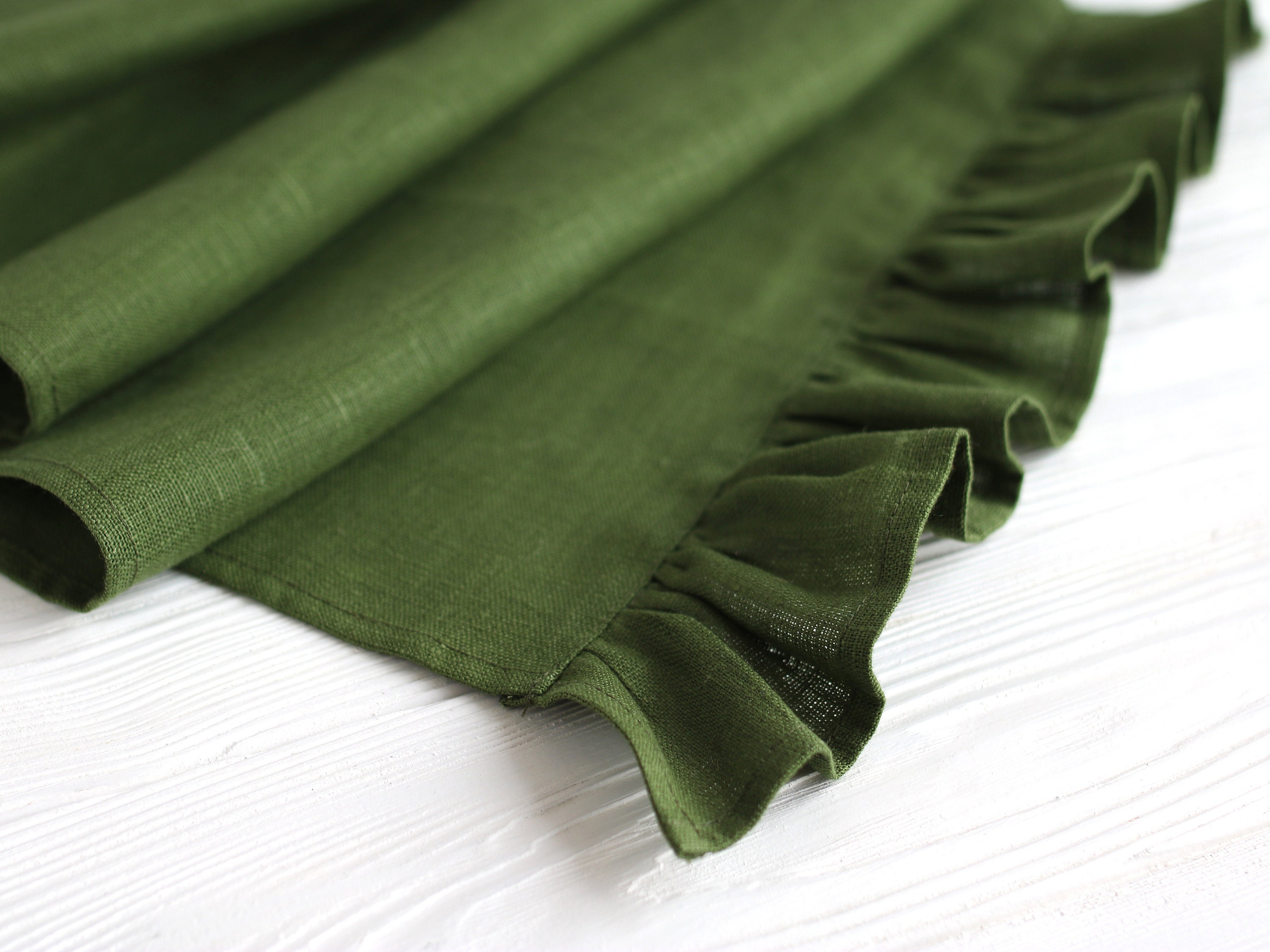 Green linen table runner green ruffled table runner linen | Etsy